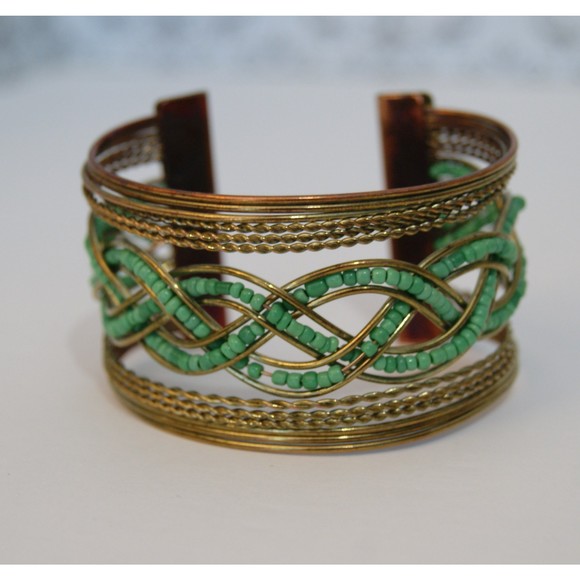 Source Unknown | Jewelry | Beaded Brass Cuff Green Braid Woven Twisted ...